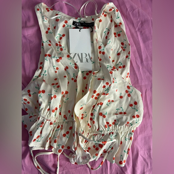 Zara | Tops | Cherry Print White Top | Poshmark